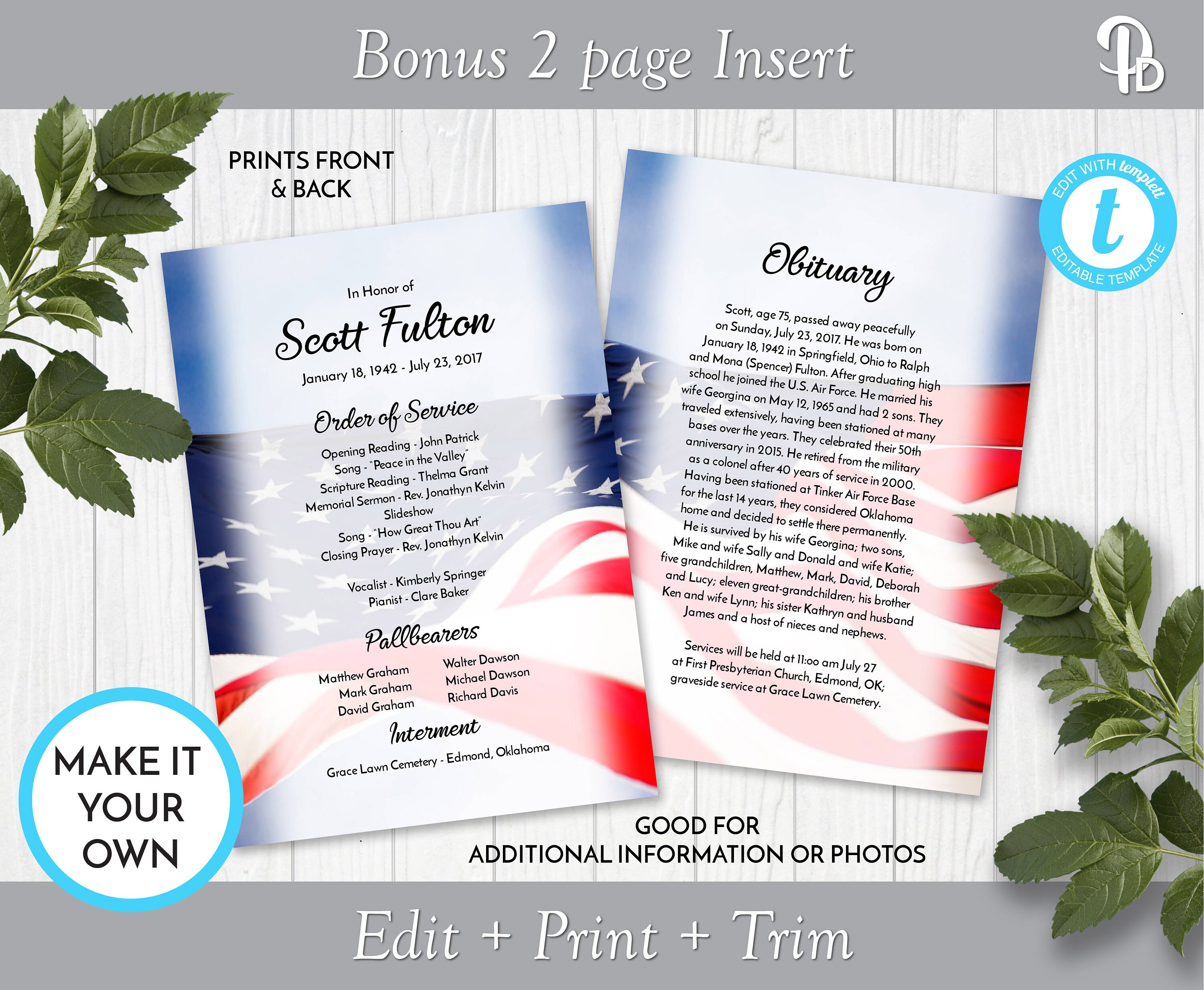 Waving Flag Funeral Program Template Patriotic Obituary/Order | Etsy