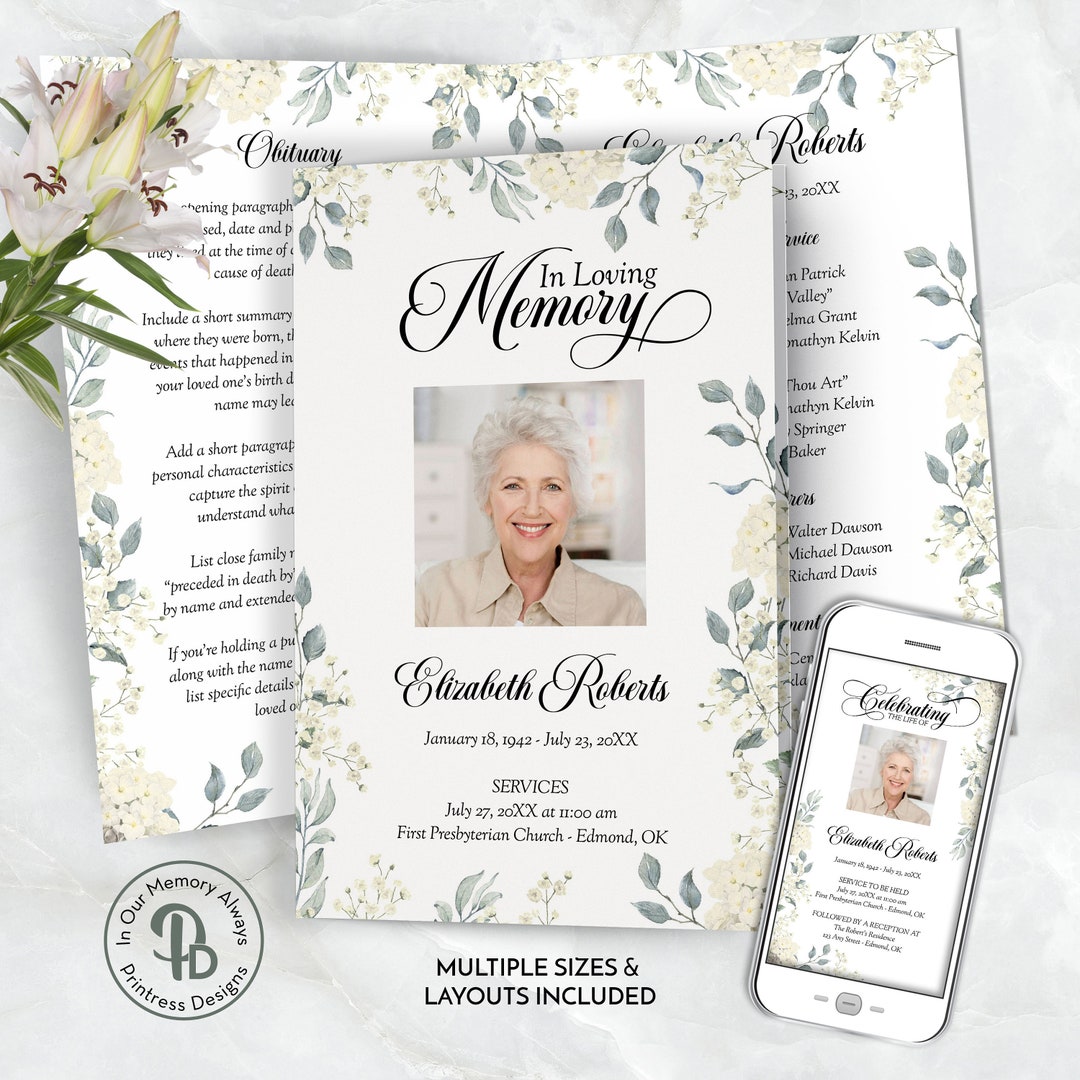 Lacy Floral and Greenery Funeral Program, Obituary Template ...