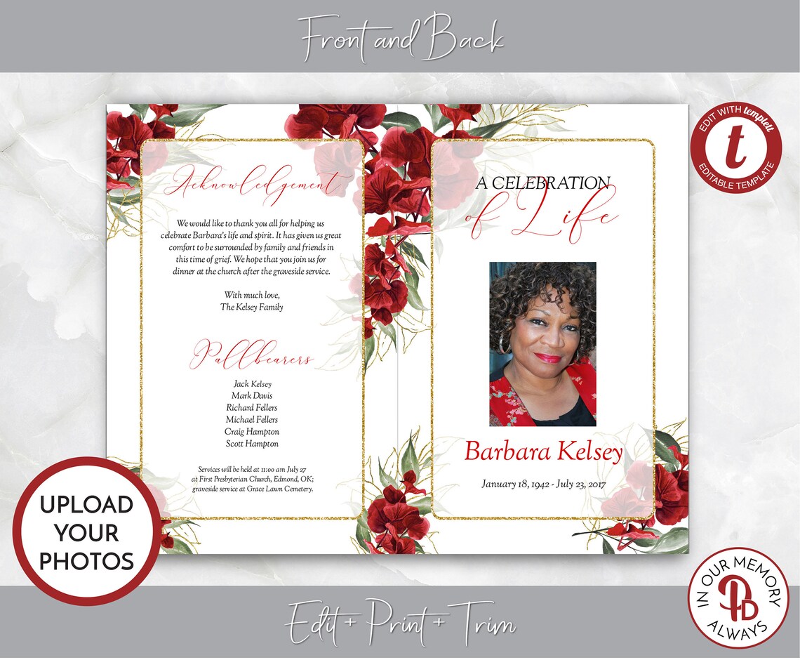 Red and Gold Floral Funeral Program Template Obituary/order | Etsy