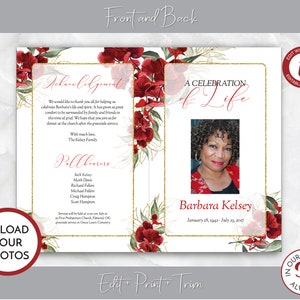 Red and Gold Floral Funeral Program Template, Obituary/order of Service ...