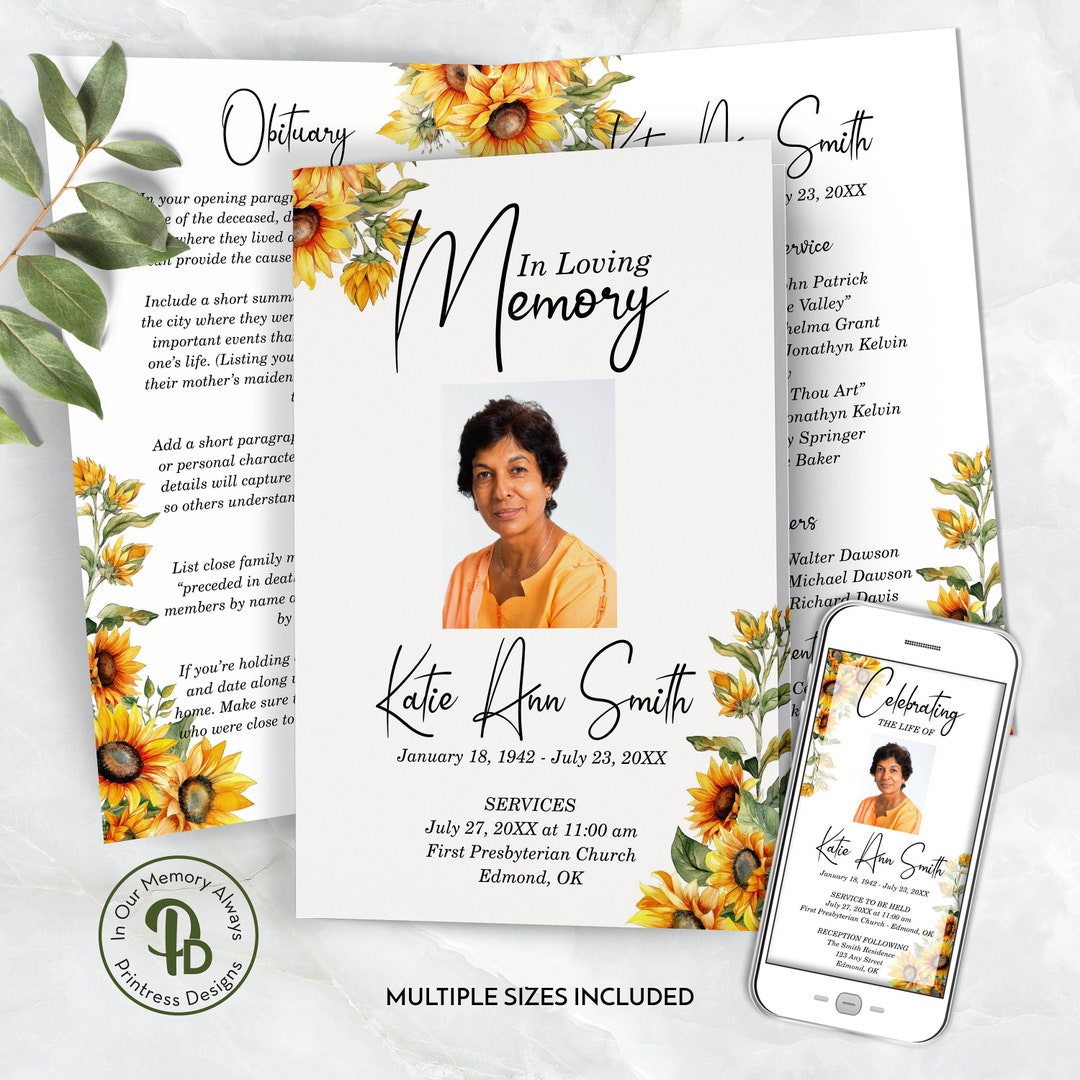 Sunflower Funeral Program Template, Obituary/order of Service Template ...