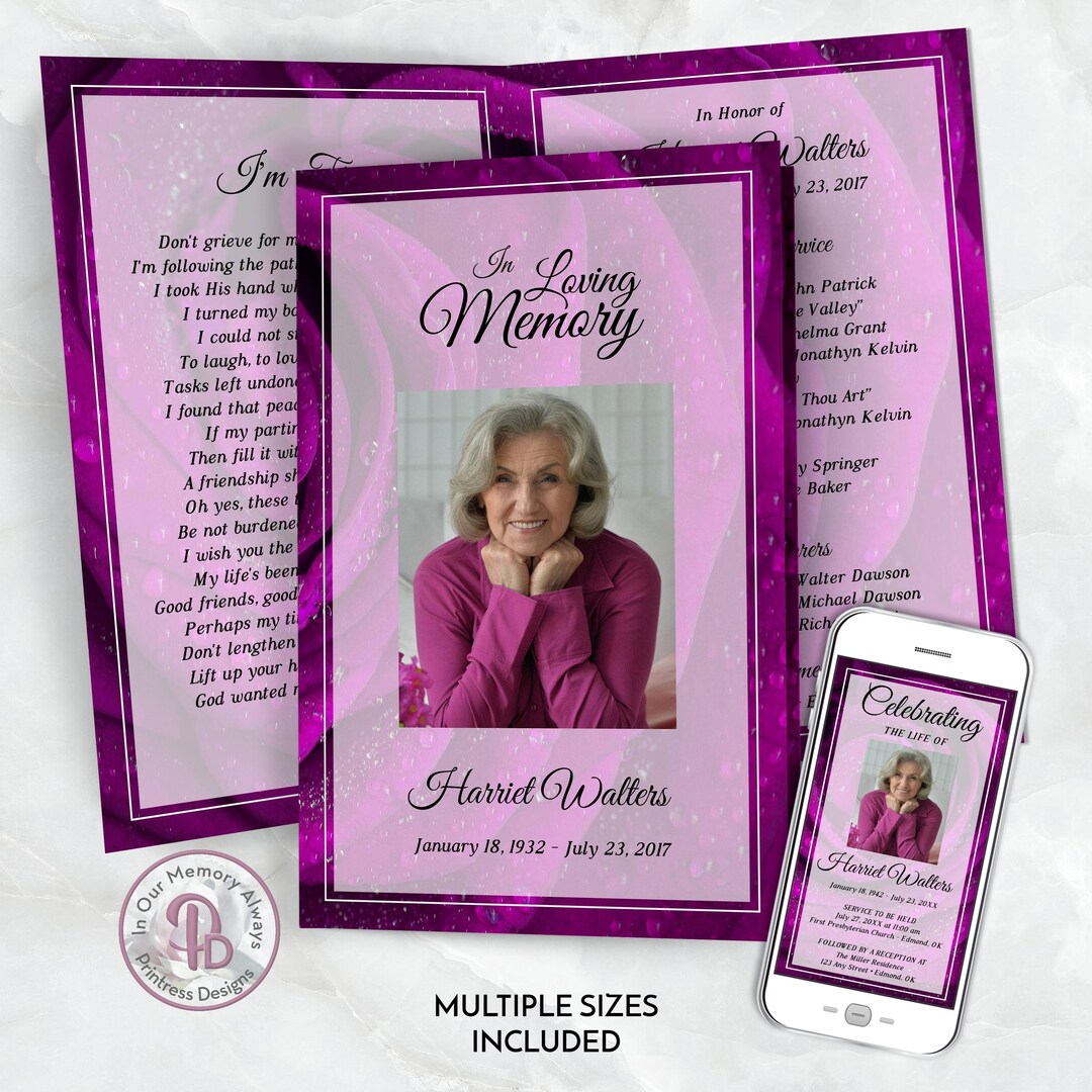 Fuchsia Rose Funeral Program Template, Editable Bi-fold Memorial ...