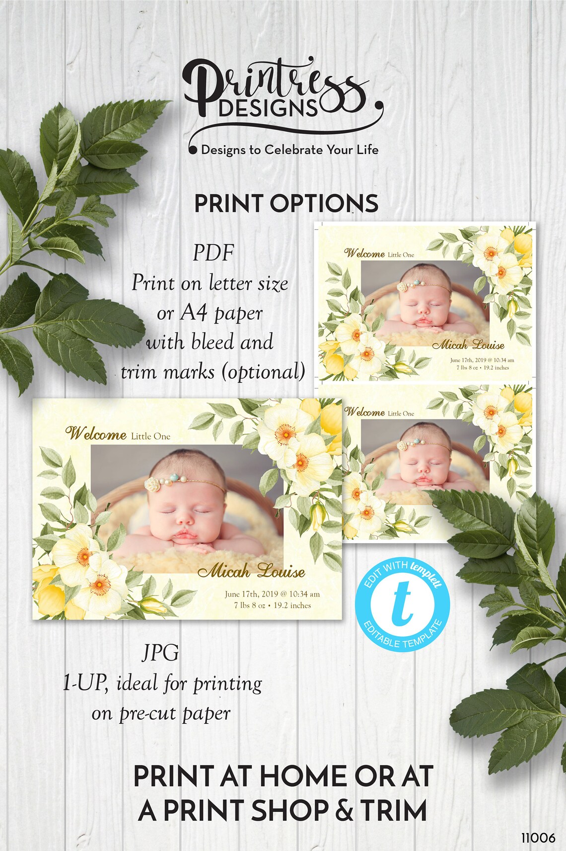 Welcome Yellow Floral Birth Announcement Newborn - Etsy