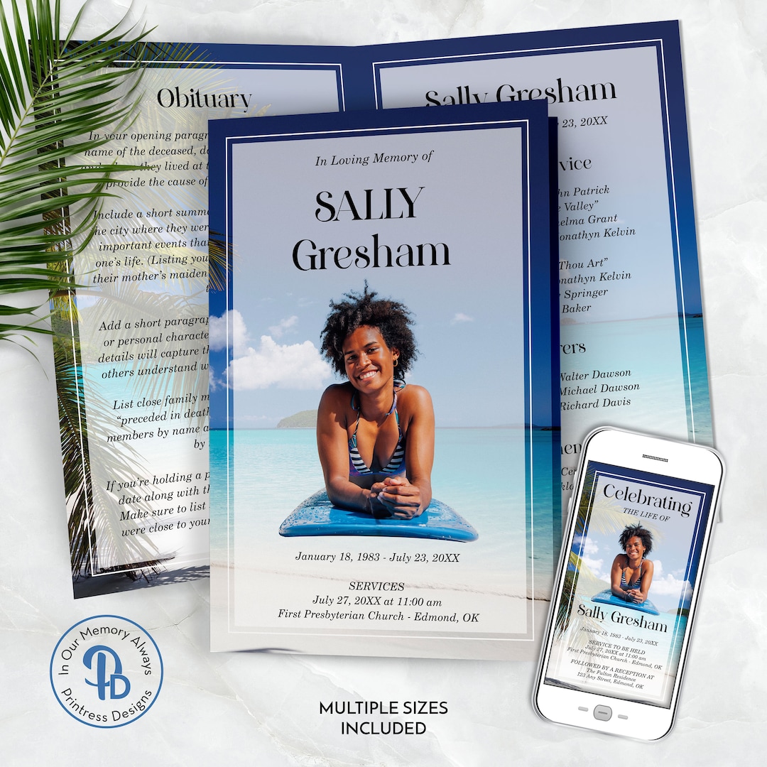 Tropical Beach Funeral Program Template, Celebration of Life Memorial ...