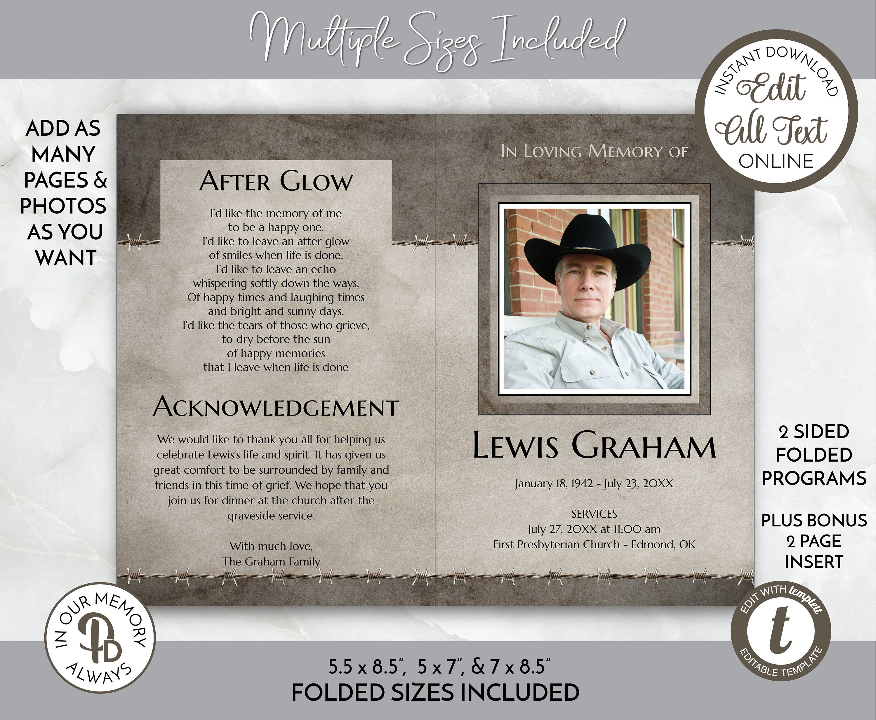 Rustic Brown Funeral Program Template, Obituary Template, Celebration ...