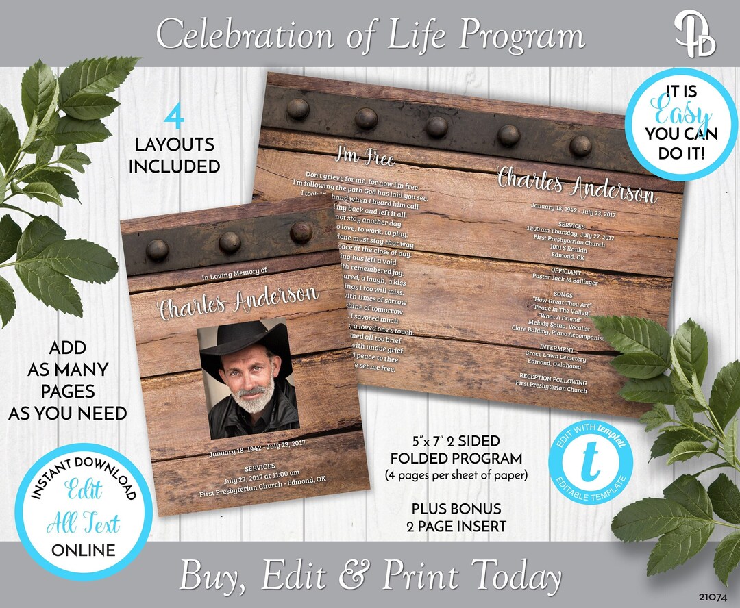 Aged Rustic Wood Funeral Program Template, Obituary/order of Service ...