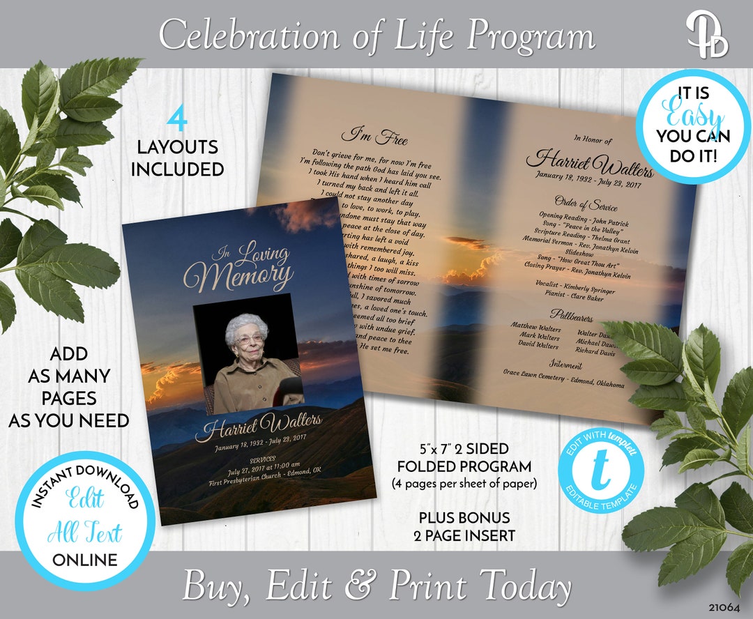 Sunrise Over the Hills Funeral Program Template, Obituary/order of ...