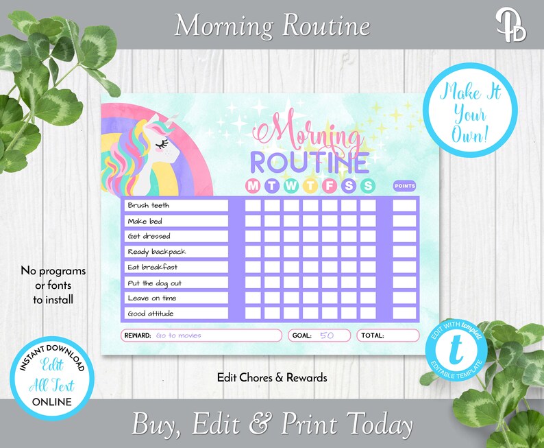 Pastel Unicorn Children's Daily Routine Charts Morning - Etsy