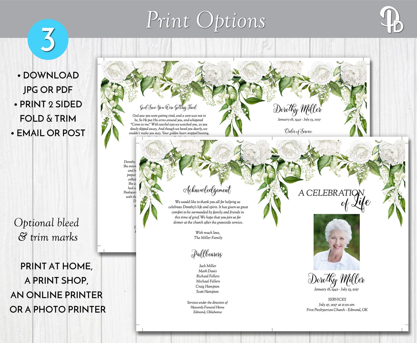White Floral Funeral Program Template, Obituary/order of Service ...