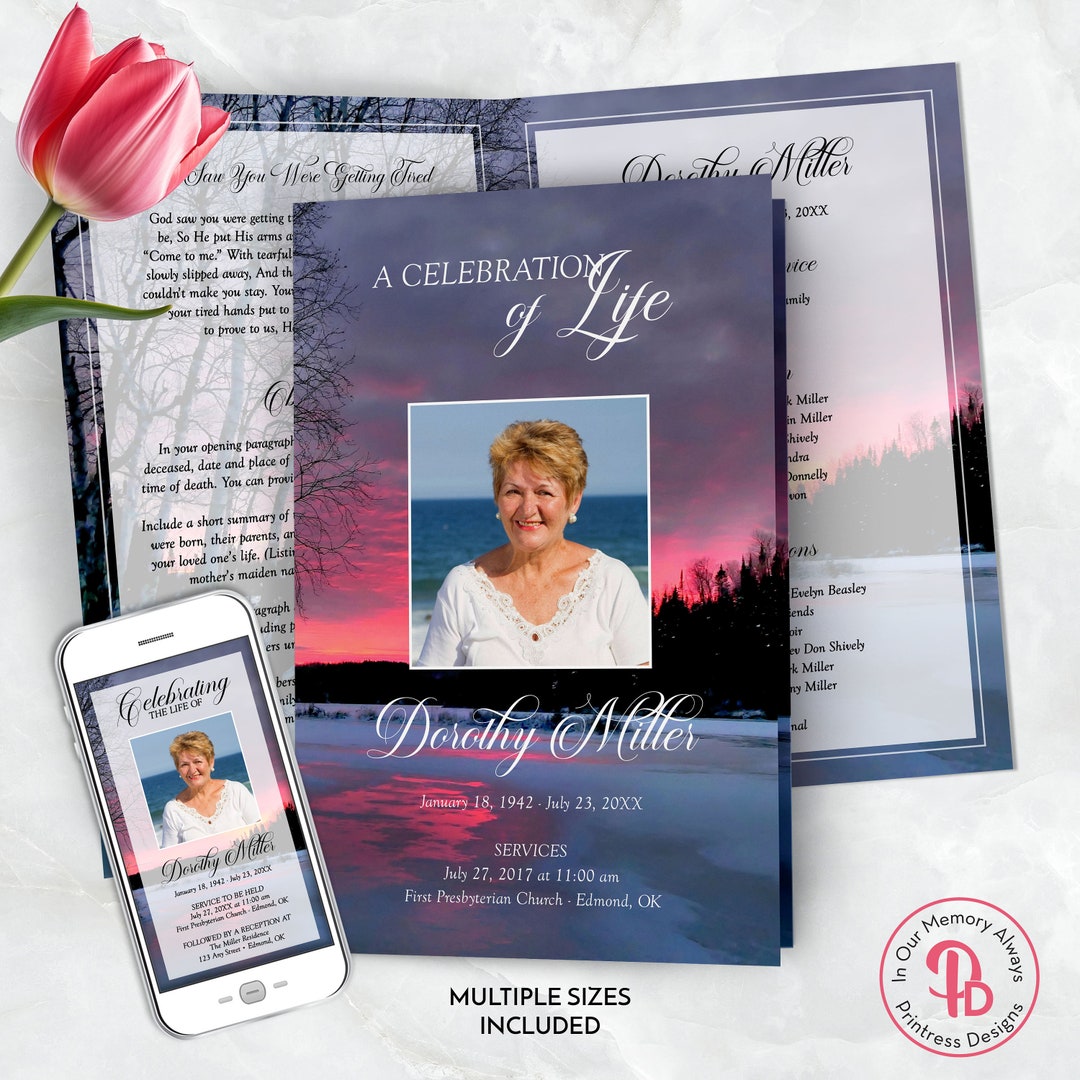Frozen River Sunrise Funeral Program Template, Obituary Program, Order ...