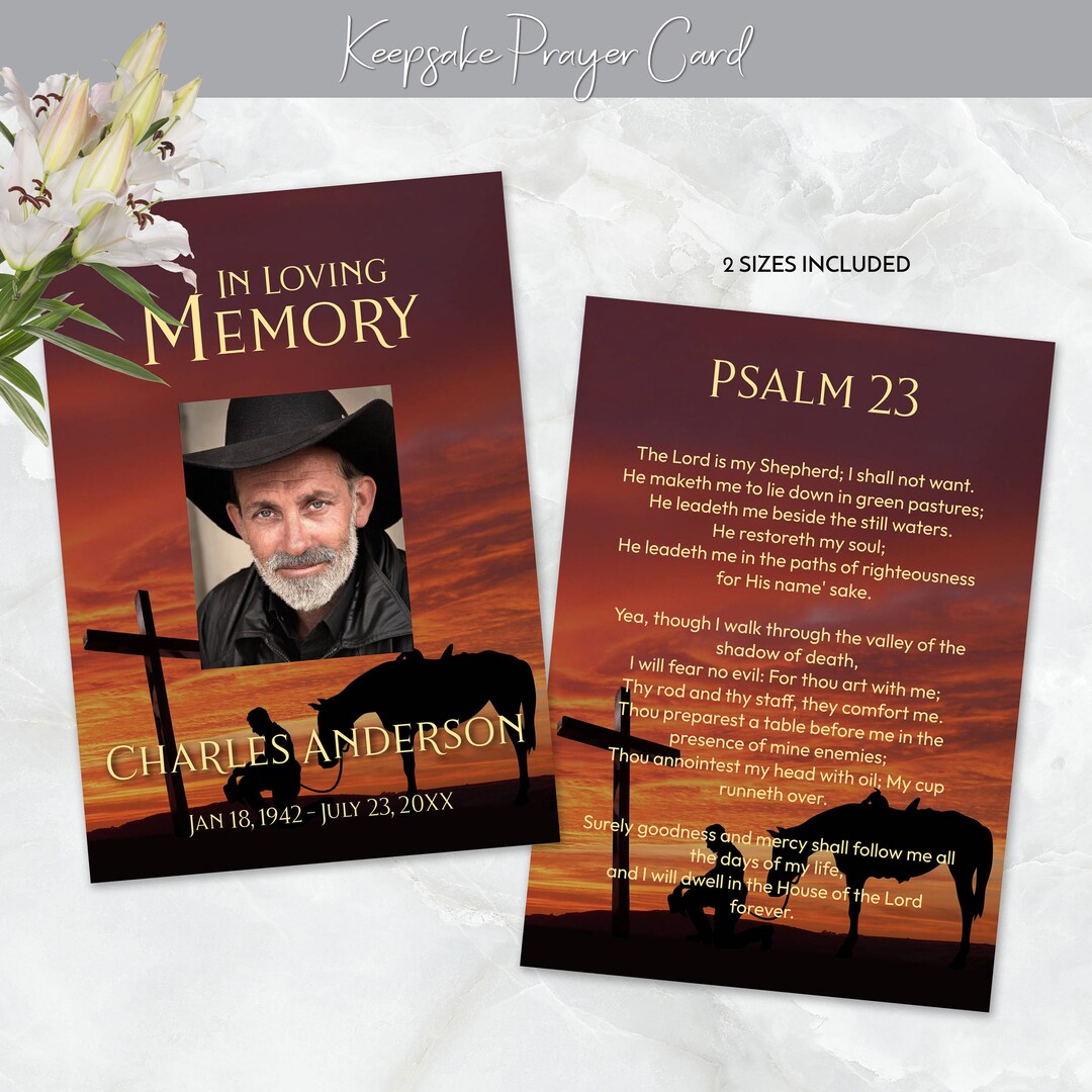 Cowboy Kneeling at a Cross Funeral Keepsake Prayer Card, Memorial Favor ...