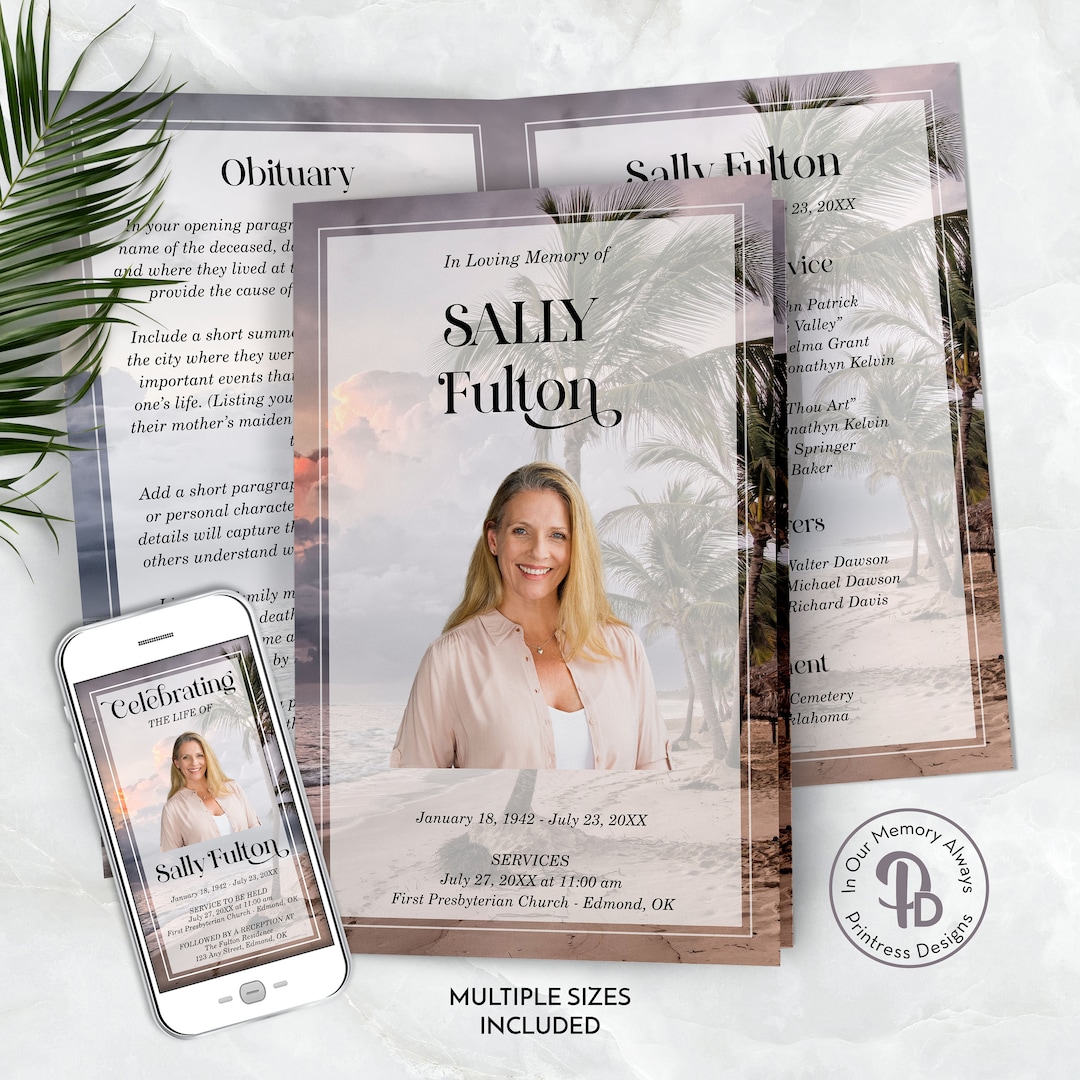 Tropical Beach Funeral Program Template, Obituary Program, Order of ...