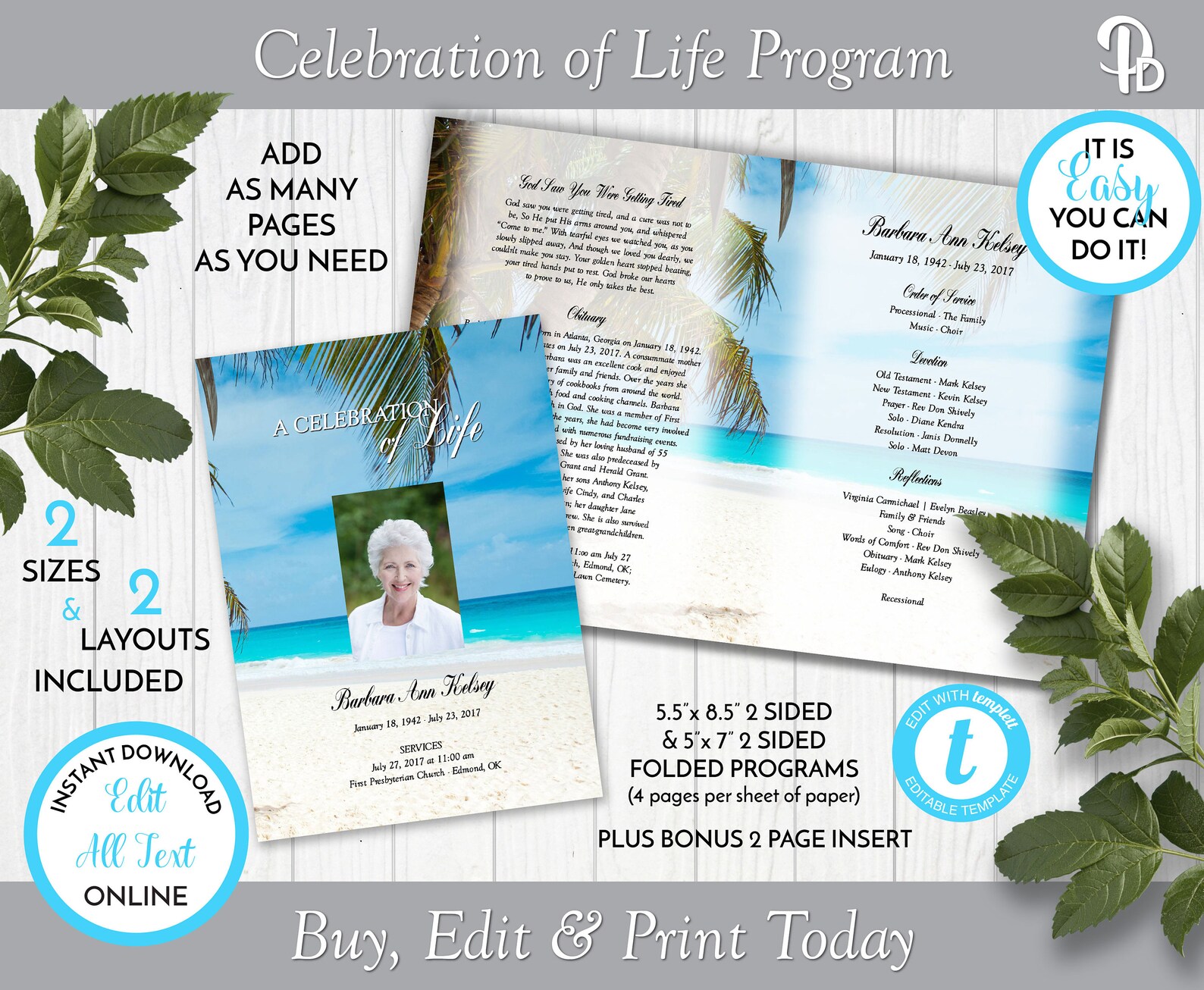 Tropical Beach Funeral Program Template, Obituary/order of Service ...