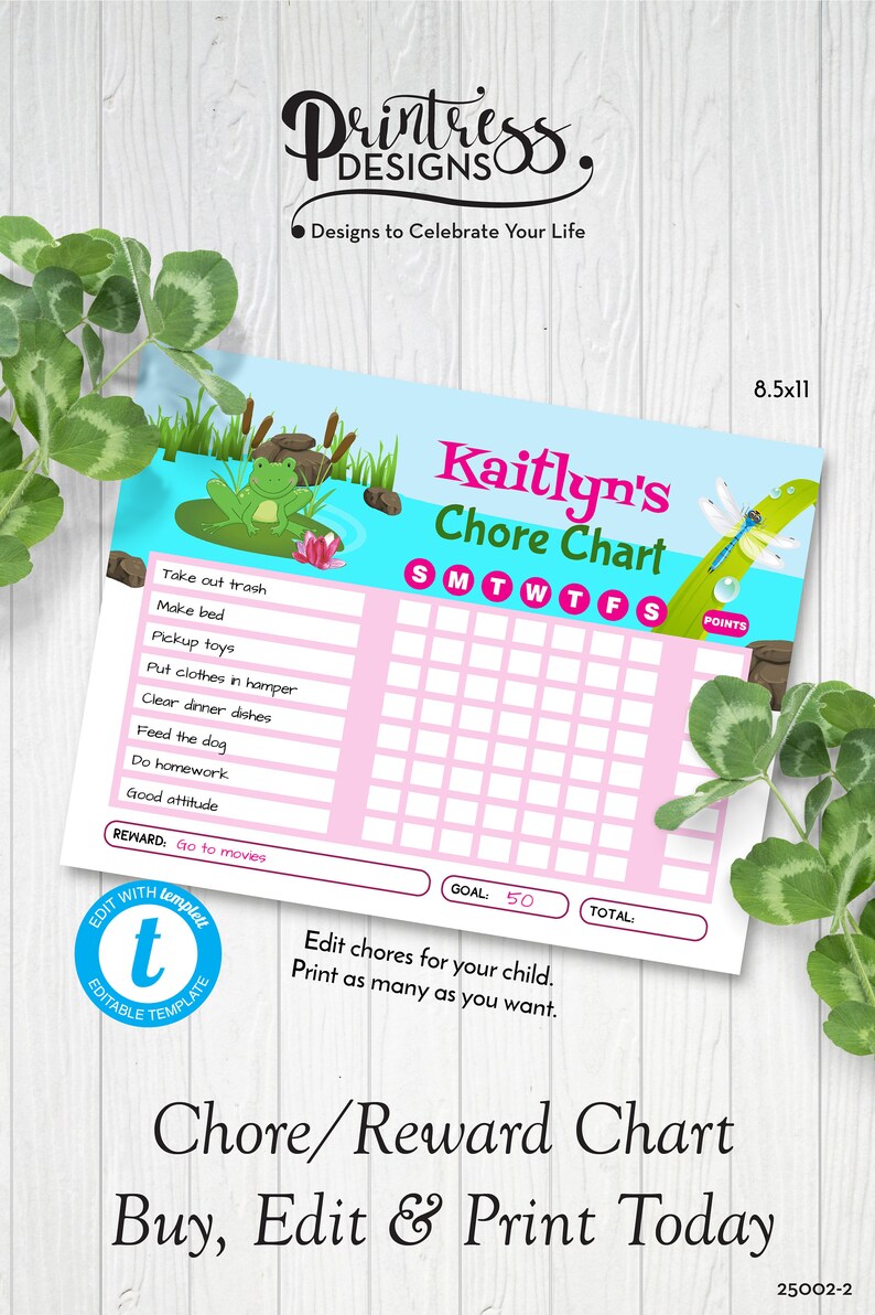 Frog on Lily Pad Children's Chore Chart Editable Reward | Etsy