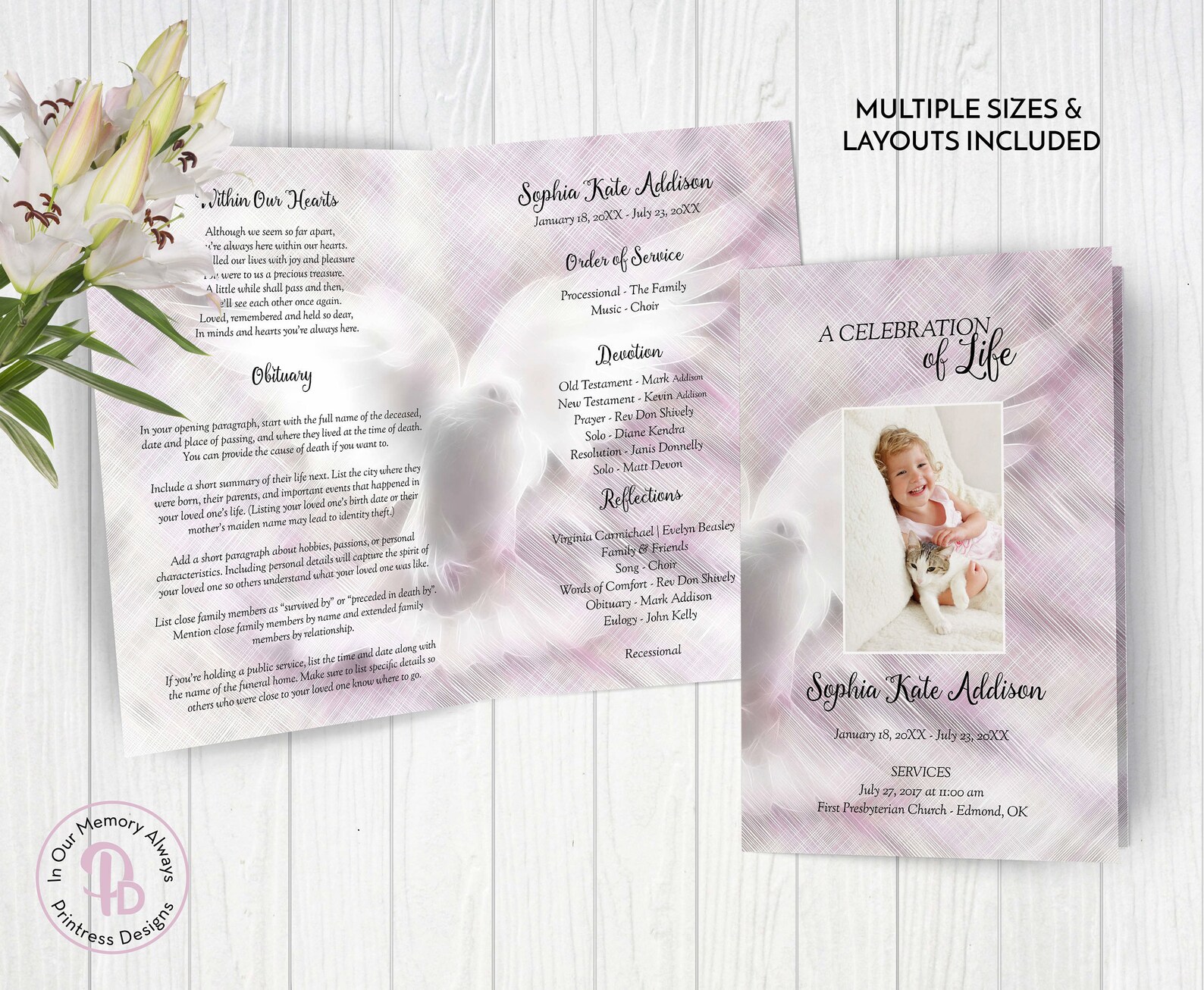 Pink Dove Funeral Program Template Obituary/order of Service - Etsy