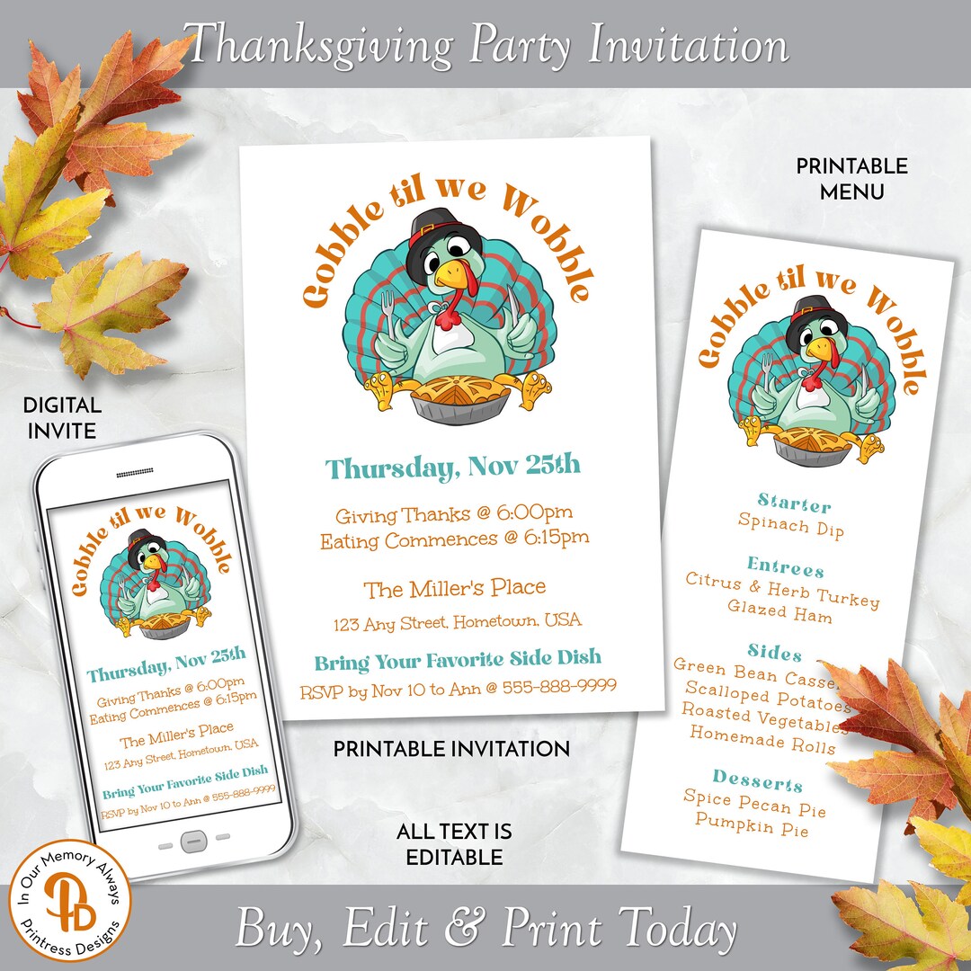 Gobble Til We Wobble Thanksgiving Dinner Invitation Includes Digital ...