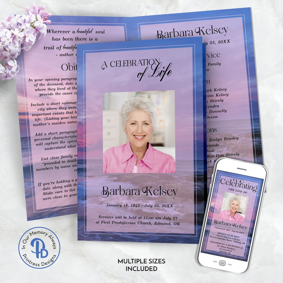 Pink Sunset Funeral Program Template, Celebration of Life Memorial ...