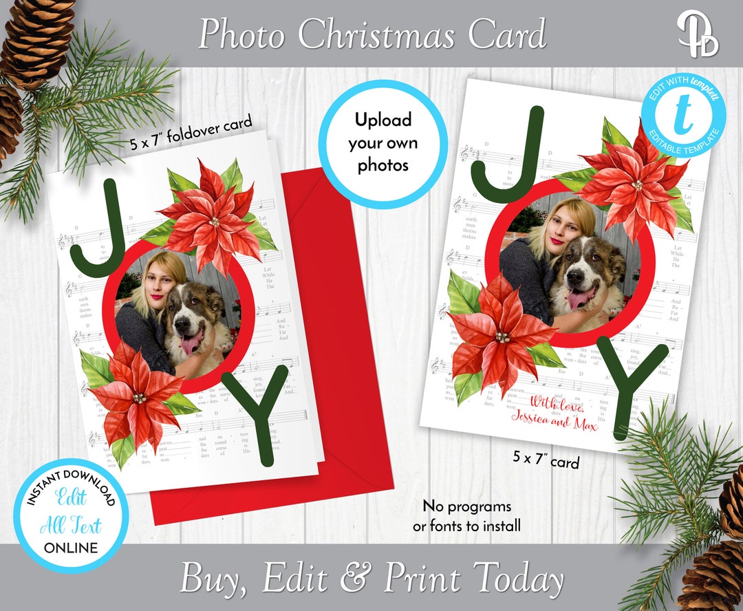 Joy Christmas Photo Card Template Editable Christmas Card - Etsy