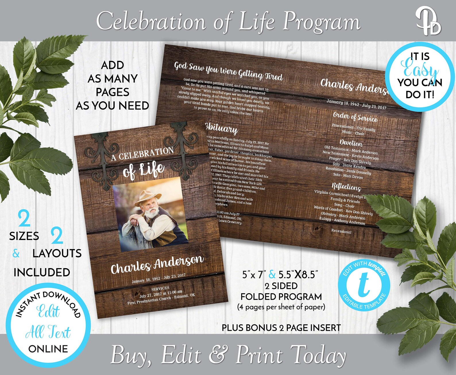 Dark Rustic Wood Funeral Program Template, Obituary/order of Service ...