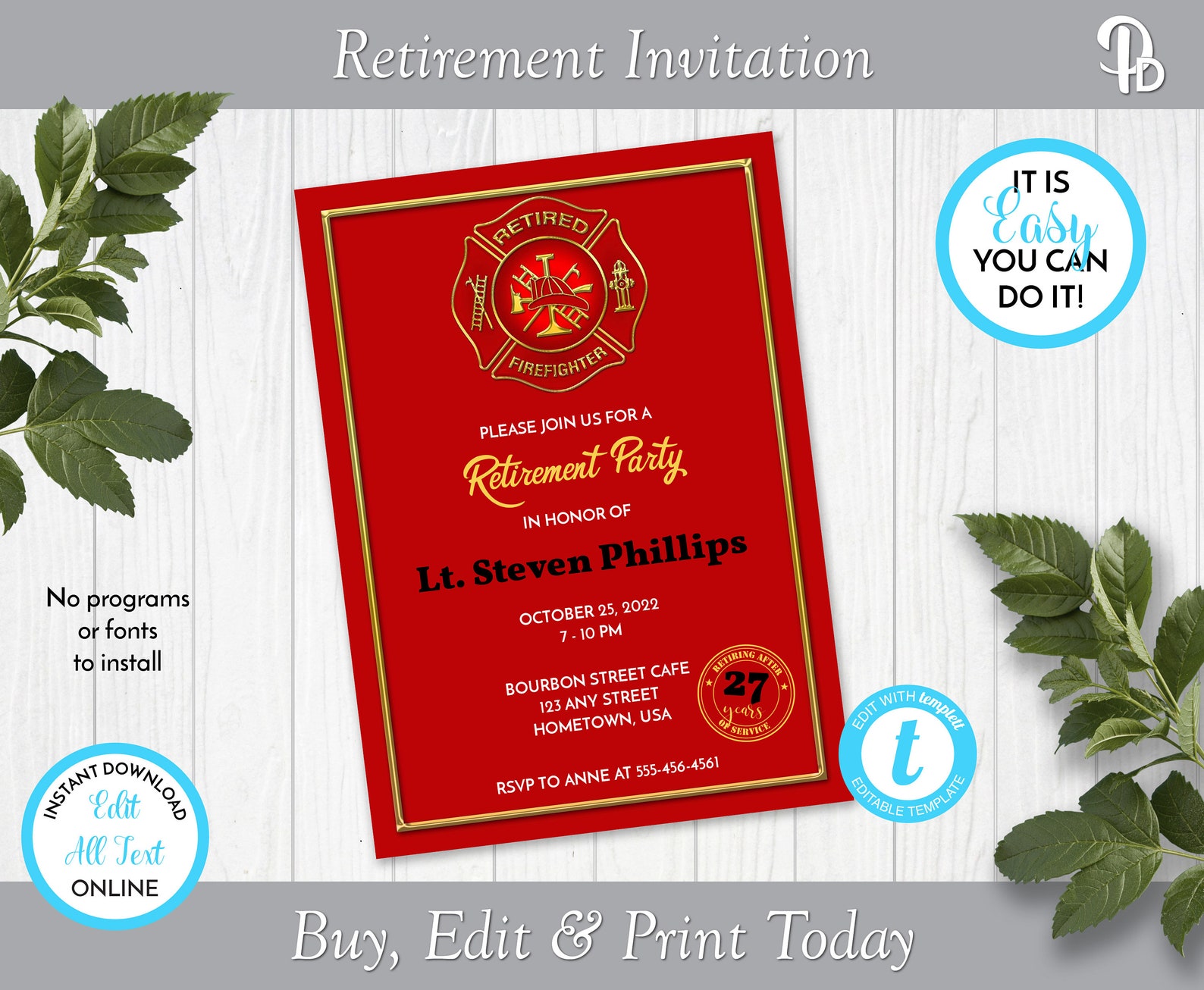 Firefighter Retirement Party Invitation, Retirement Celebration Invite ...