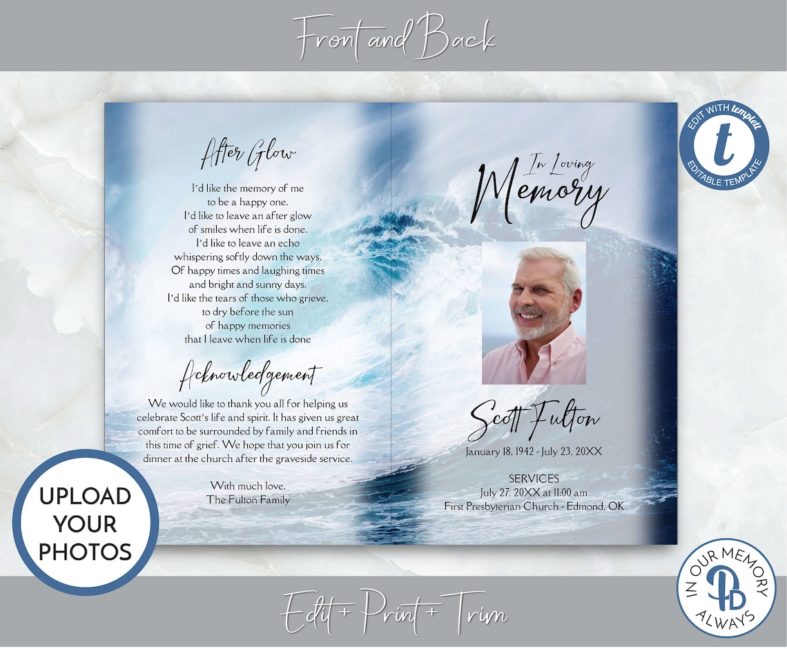 Surfer's Funeral Program Obituary Template Ocean Wave | Etsy