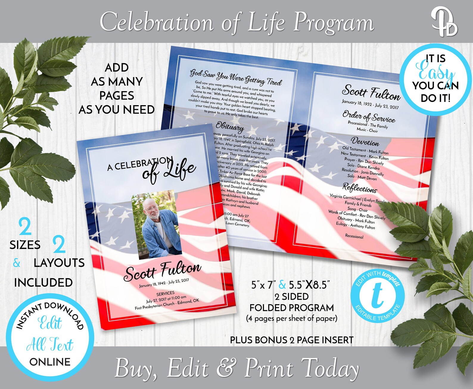 Waving Flag Funeral Program Template, Patriotic Obituary/order of ...