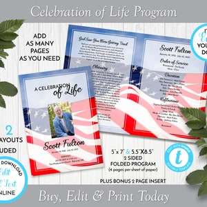 Waving Flag Funeral Program Template, Patriotic Obituary/order of ...