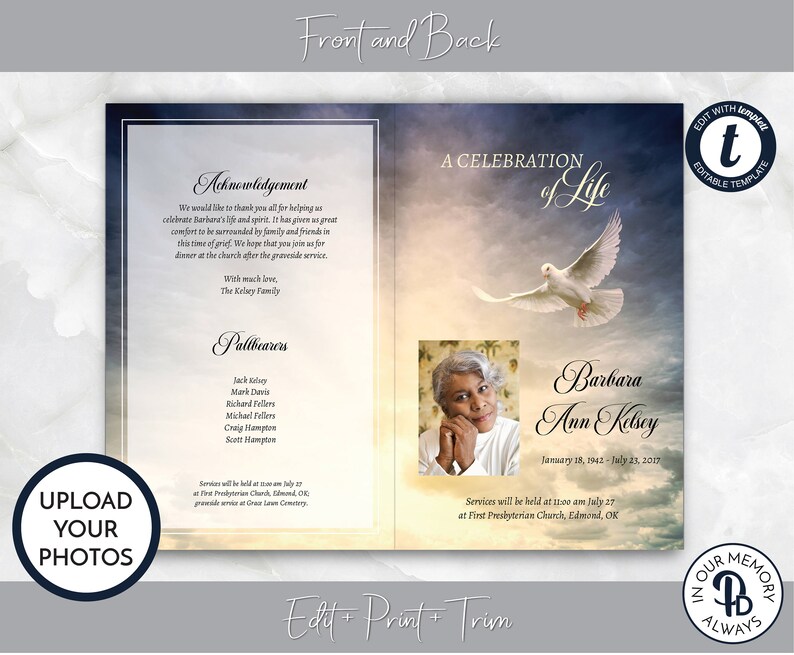 Sunburst Dove Funeral Program Obituary Template Celebration - Etsy