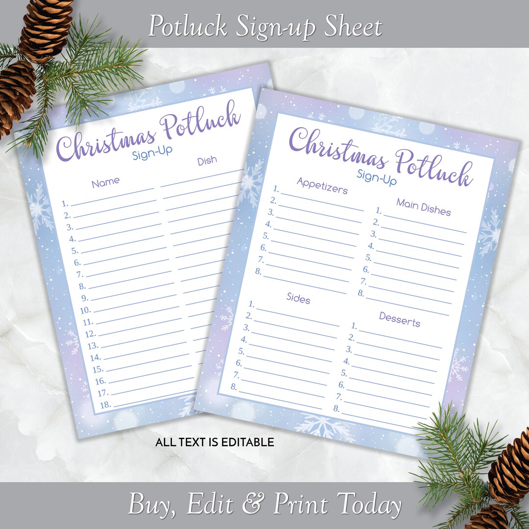Editable Christmas Holiday Potluck Sign up Sheet, Printable Work ...