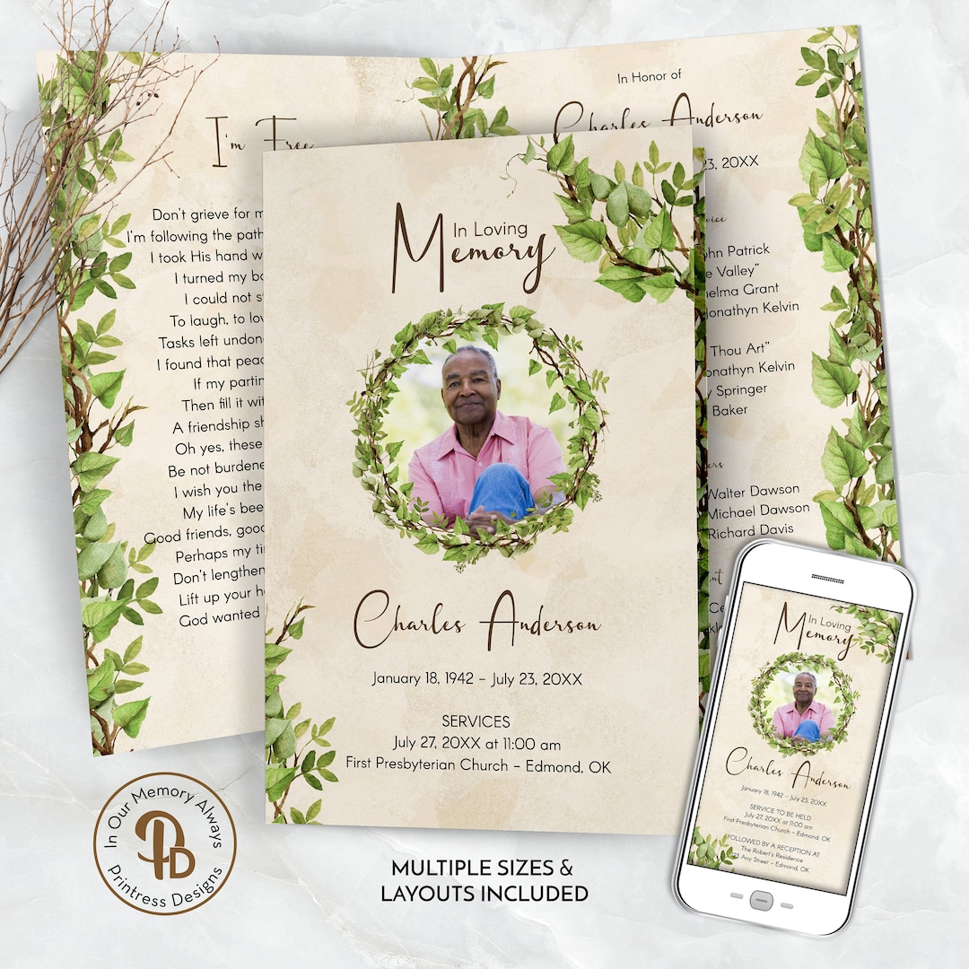 Greenery Vine Wreath Funeral Program Template, Order of Service ...