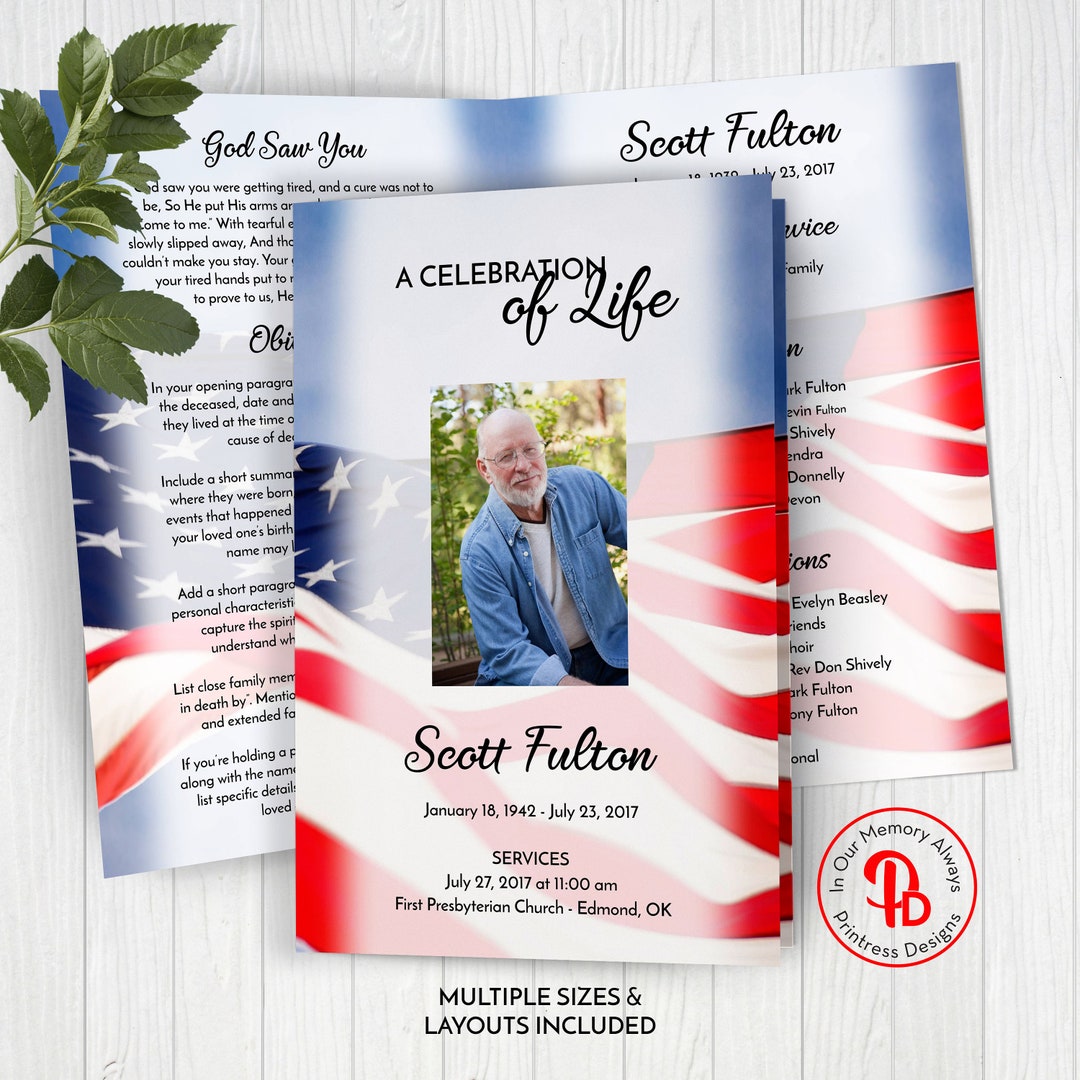Waving Flag Funeral Program Template, Patriotic Obituary/order of ...
