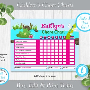 Frog on Lily Pad Children's Chore Chart, Editable Reward Chart ...