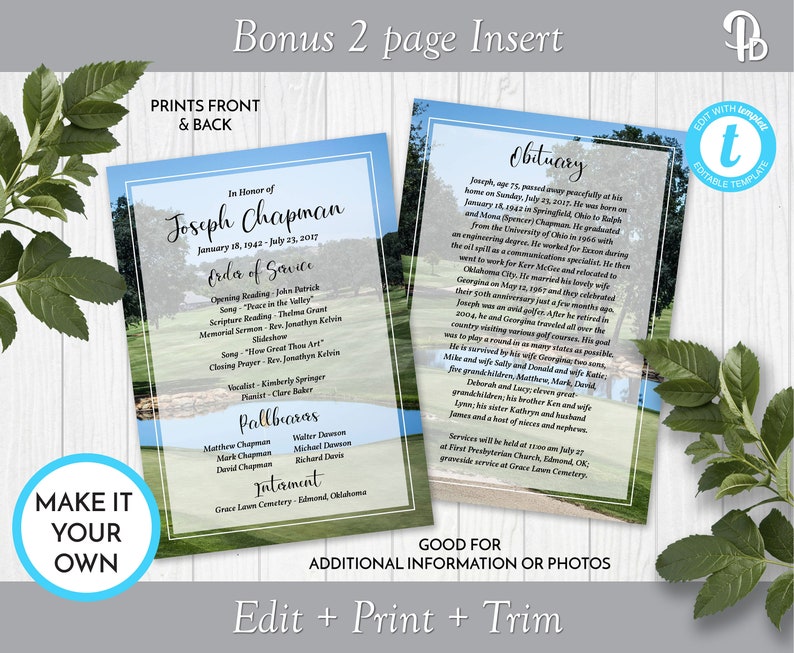 Golf Course Pond Memorial Service Template, Obituary/order of Service ...