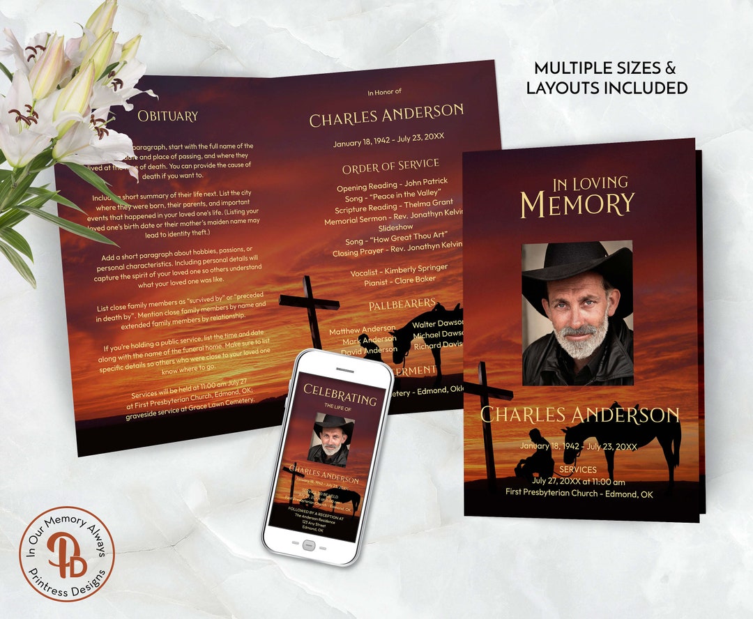 Cowboy Kneeling at Sunset Funeral Program Obituary Template - Etsy