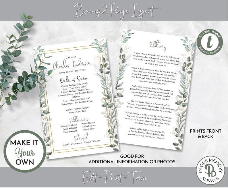 Greenery Border Funeral Program Obituary Template - Etsy