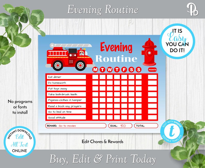 Firetruck Children's Daily Routine Charts, Morning Routine Chart ...