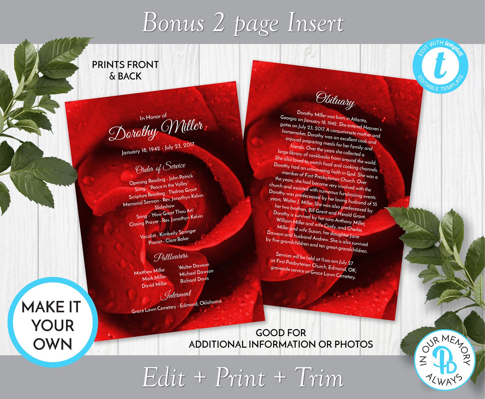 Red Rose Funeral Program Template, Obituary/order of Service Template ...