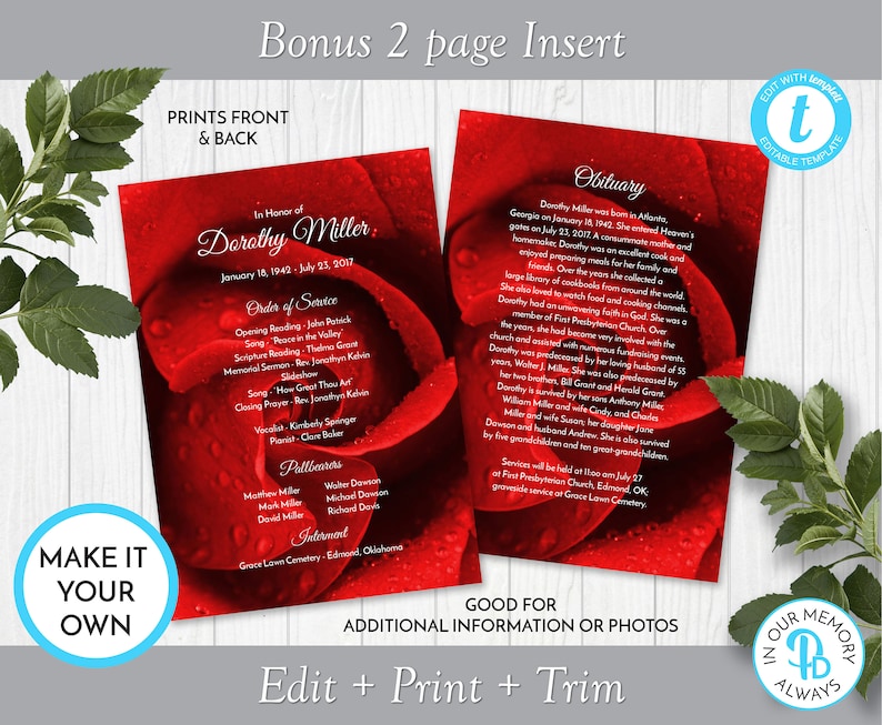 Red Rose Funeral Program Template, Obituary/order of Service Template ...