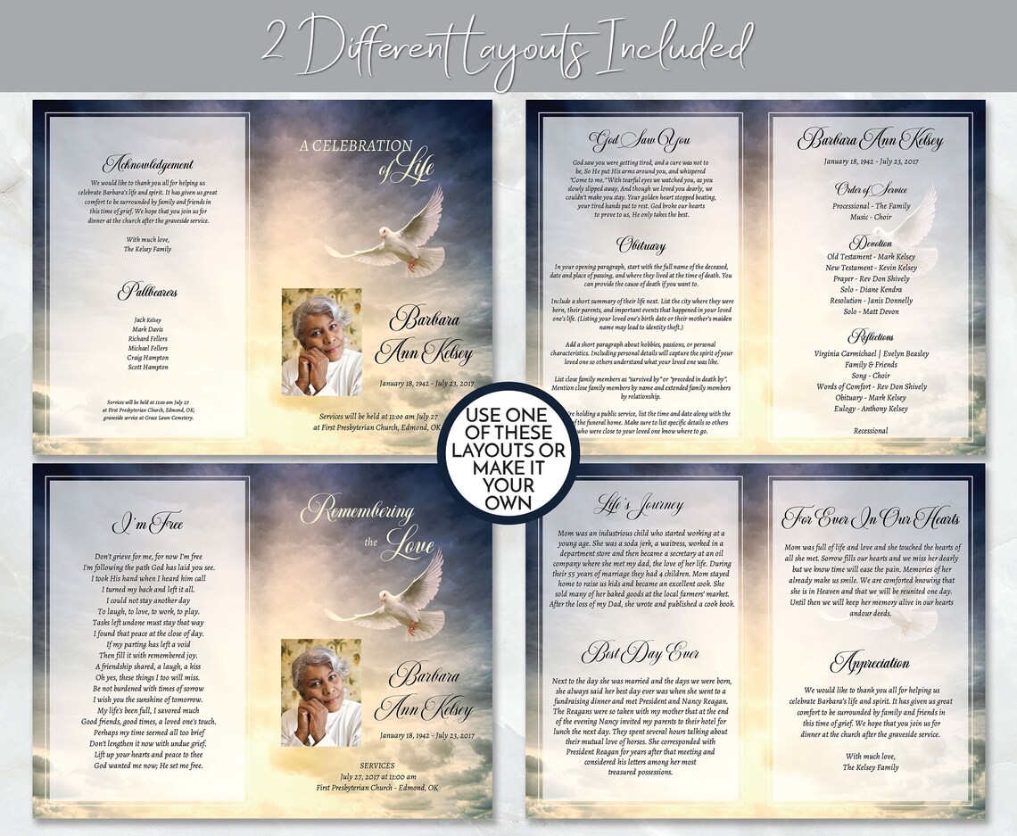 Sunburst Dove Funeral Program Obituary Template Celebration - Etsy