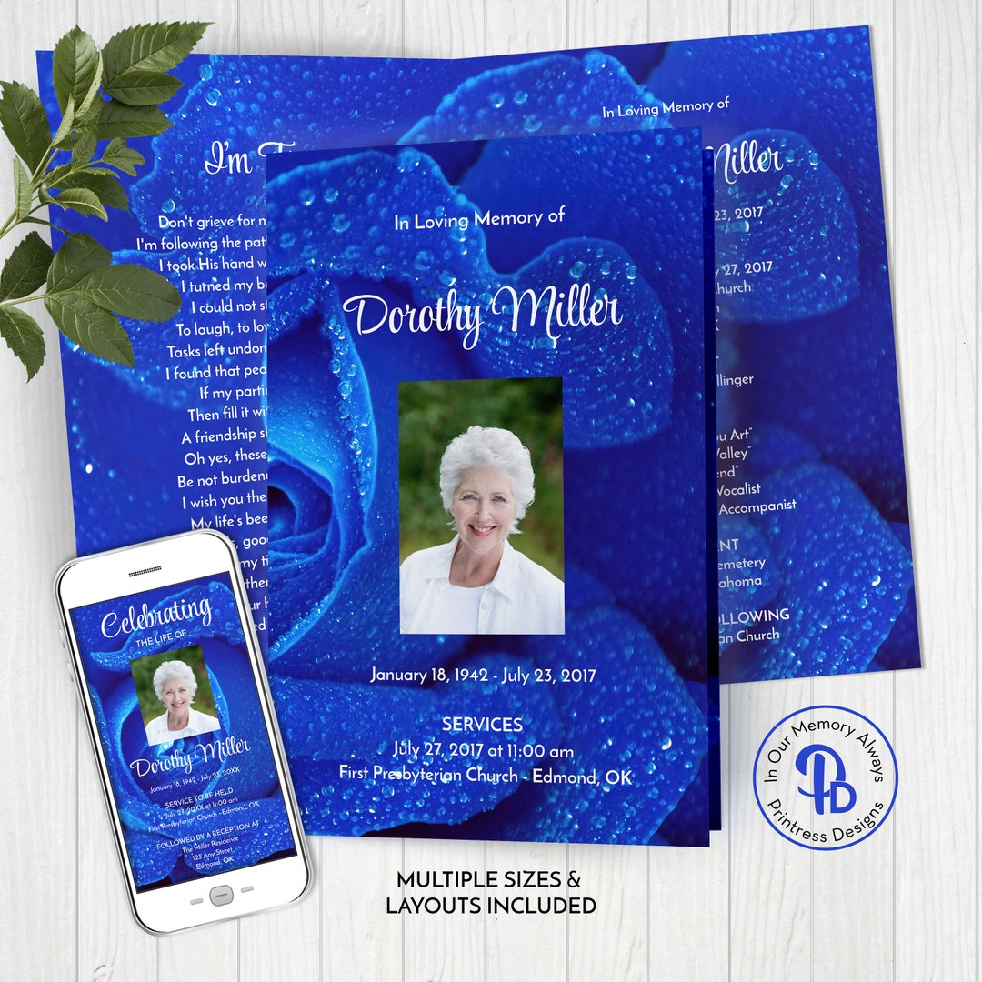 Blue Rose Funeral Program Template, Obituary/order of Service Template ...
