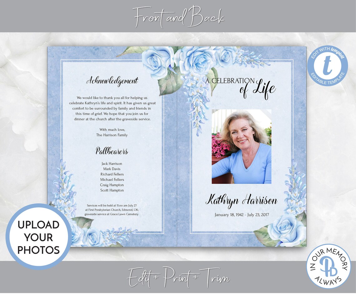 Blue Roses Funeral Program Template, Obituary/order of Service Template ...