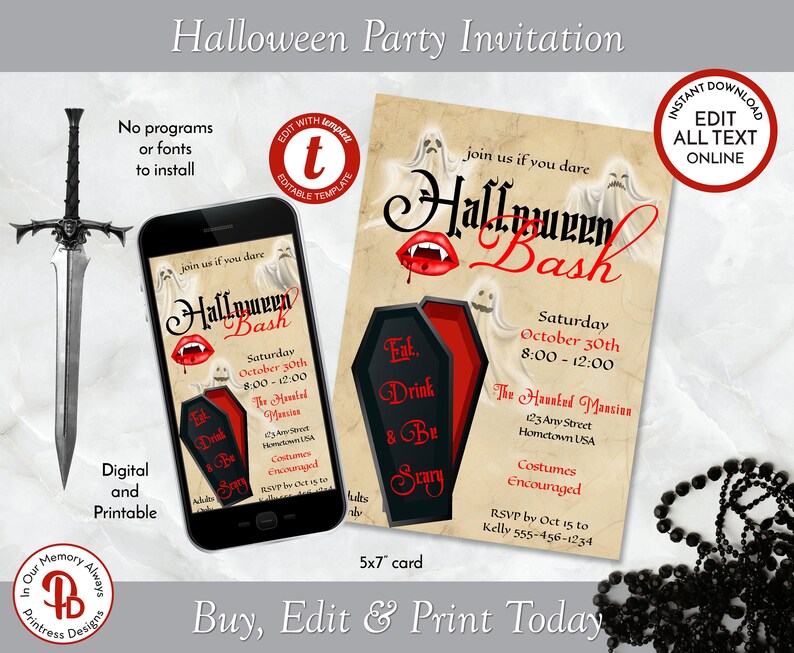 Editable Vampire Halloween Costume Party Invitation, Adult Halloween ...