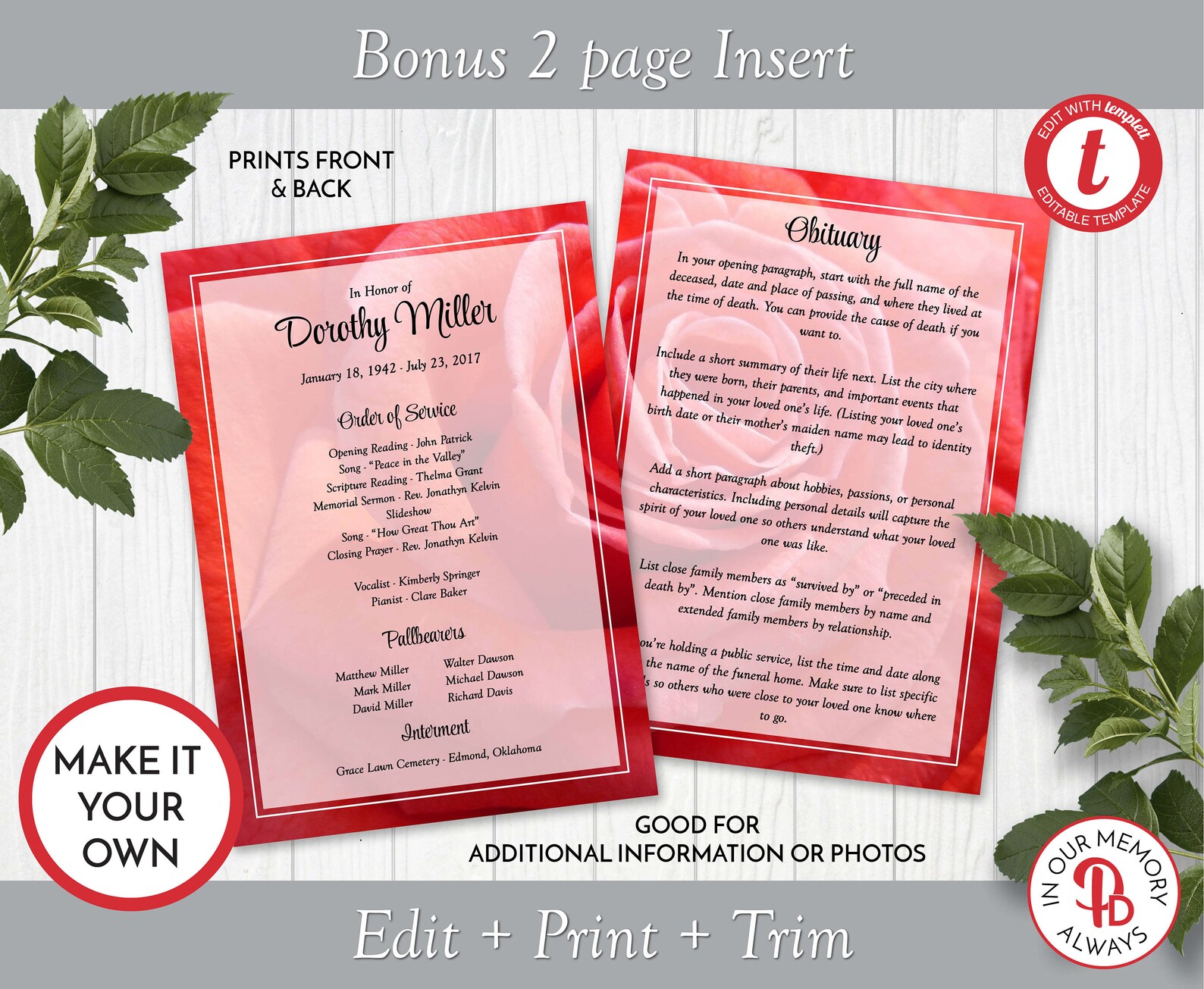 Coral Red Rose Funeral Program Template, Obituary/order of Service ...