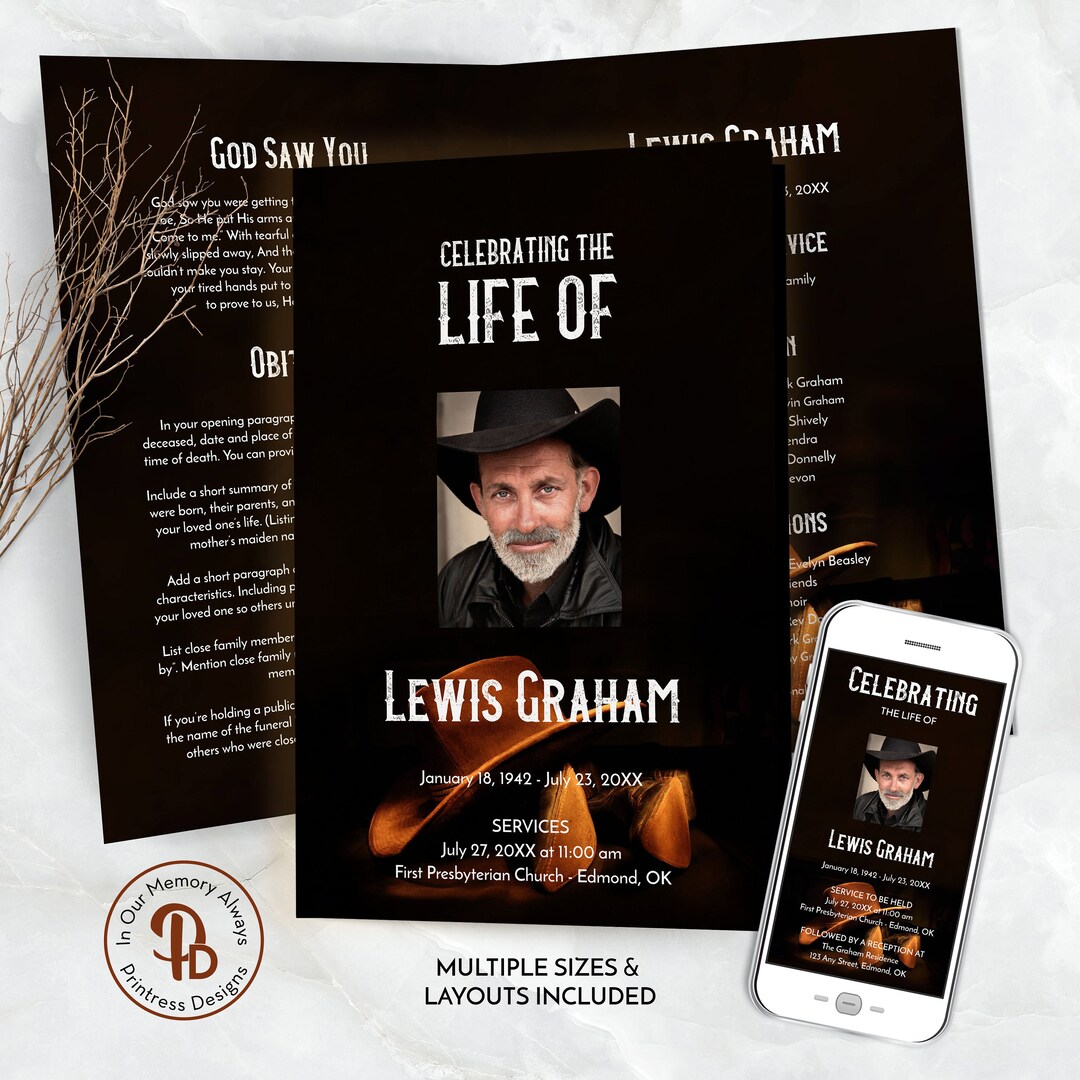 Cowboy Hat and Boots Funeral Program, Obituary Template, Celebration of ...