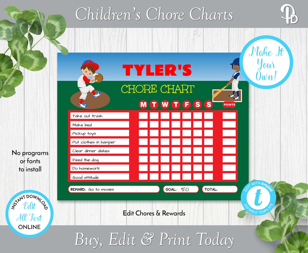 Baseball Children's Chore Chart, Editable Reward Chart, Printable Kid's ...