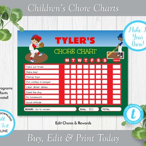Baseball Children's Chore Chart, Editable Reward Chart, Printable Kid's ...