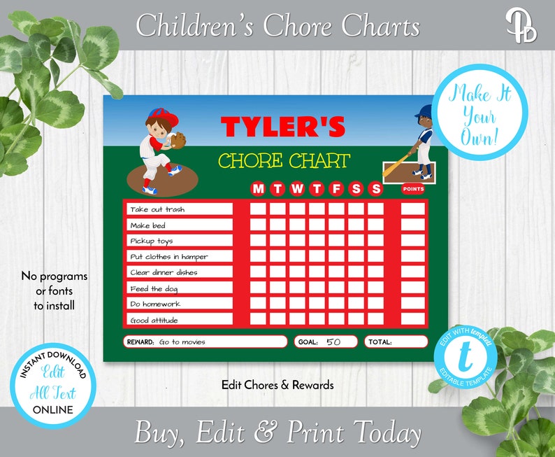 Baseball Children's Chore Chart Editable Reward Chart - Etsy
