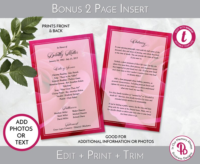 Deep Pink Rose Funeral Program Template, Celebration of Life Memorial ...