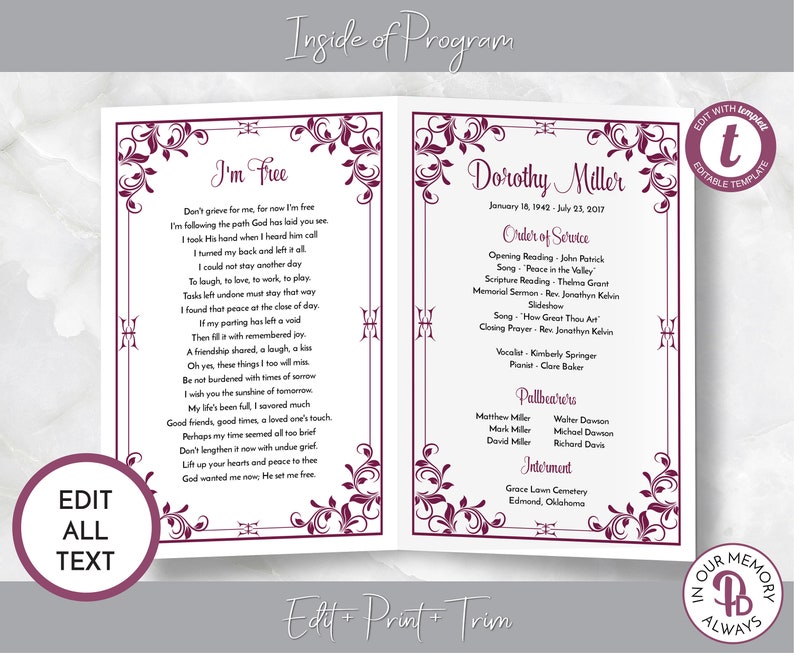 Classically Elegant Funeral Program Template Obituary - Etsy