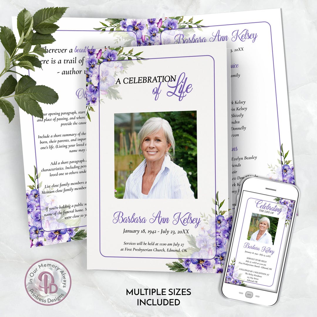 Purple Pansy Floral Funeral Program Template, Celebration of Life ...